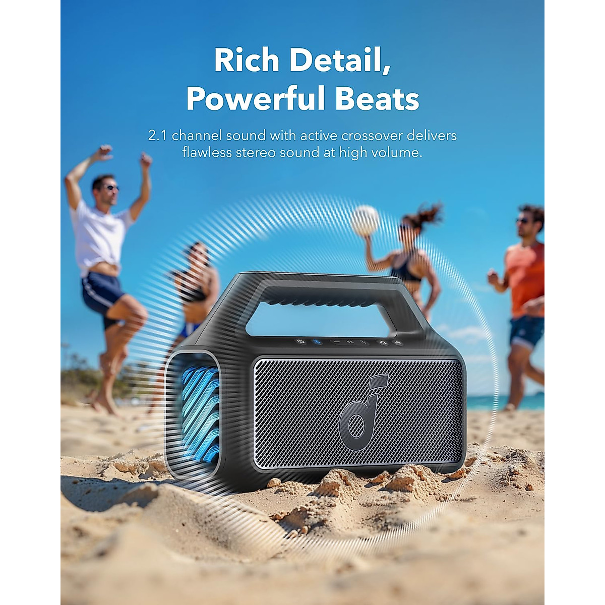 Soundcore Boom 2 Outdoor Speaker, 80W, Subwoofer, BassUp 2.0, 24H Playtime, IPX7 Waterproof, Floatable, RGB Lights, USB-C, Custom EQ, Bluetooth 5.3, Portable for Outdoors, Camping (Renewed)