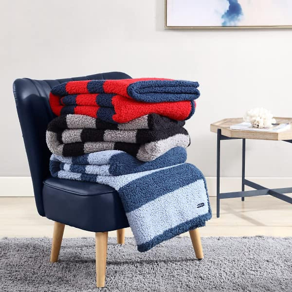 Nautica Throw Blanket Ultra Soft Plush Sherpa Home Décor, All Season Bedding, 50 x 60, Lawndale Blue/Red