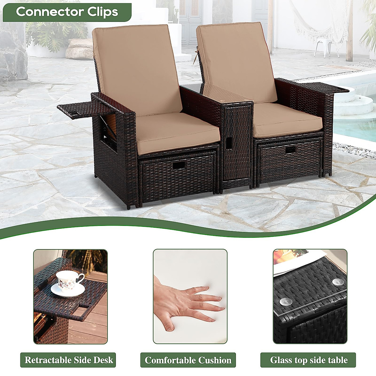 B BAIJIAWEI Patio Wicker Loveseat - Outdoor Rattan Sofa Set with Cushion - Adjustable Lounge Chair with Ottoman Footrest, Wicker Furniture for Garden, Patio, Balcony, Beach, Coffee Bar, Deck