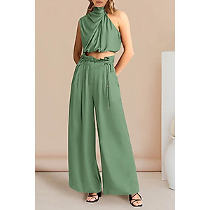 PRETTYGARDEN Women's 2 Piece Outfits 2024 Summer Casual Sleeveless Mock Neck Crop Tops Wide Leg Pants Set (Light Green,Large)
