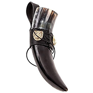 Mythrojan THE LION ALWAYS PAYS ITS DEBTS - Viking Drinking Horn with Black Leather holder Authentic Medieval Inspired Viking Wine/Mead Mug – Polished Finish