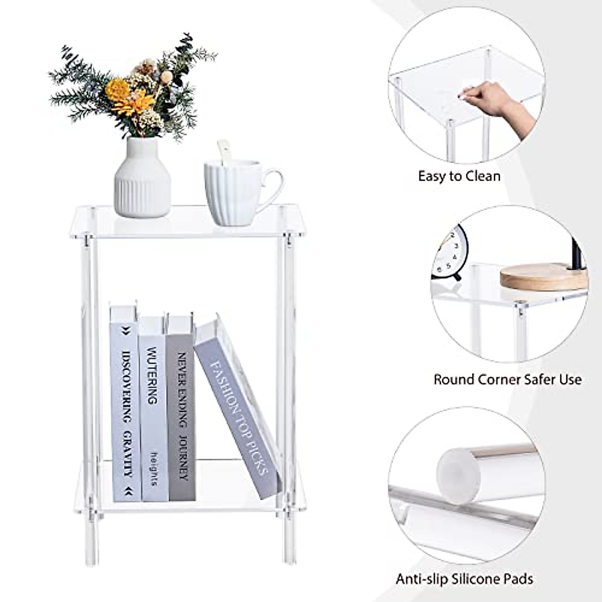 Aquiver Small Acrylic Side Table - 13.4'' L x 11.5'' W x 19.6'' H Clear Nightstand - 2 Tiers Small End Table Bedside Table for Living Room, Bedroom