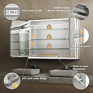 QueenFun 40x30 Recessed or Surface LED Medicine Cabinet with Mirror, 3 Color Dimmable Fogless Lighted Medicine Cabinet with Outlet and Adjustable Shelves,Time Display & Built-in Auto-Sensing Light