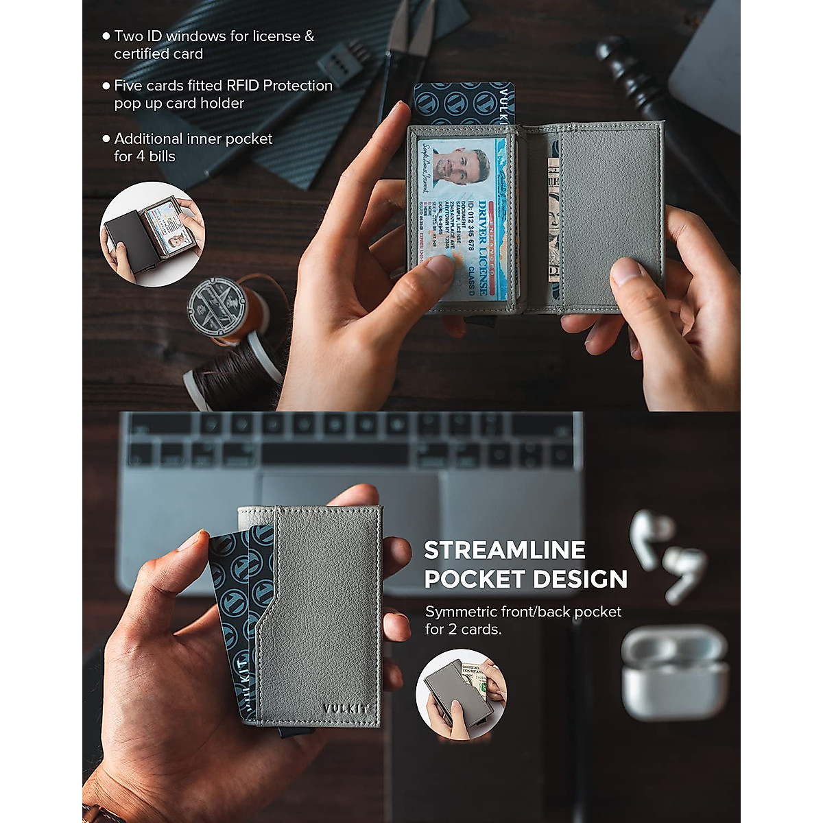 VULKIT Card Holder Wallet for Mens with ID Windows RFID Blocking Pop Up Wallet Slim Leather Wallet Holds Up to 12 Cards Men's Card Case, Iron Grey