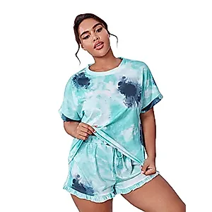 MakeMeChic Women Plus Size 2 Piece Pajamas Sets Tie Dye Short Sleeve Top & Shorts Loungewear Sleepwear Blue X-Large