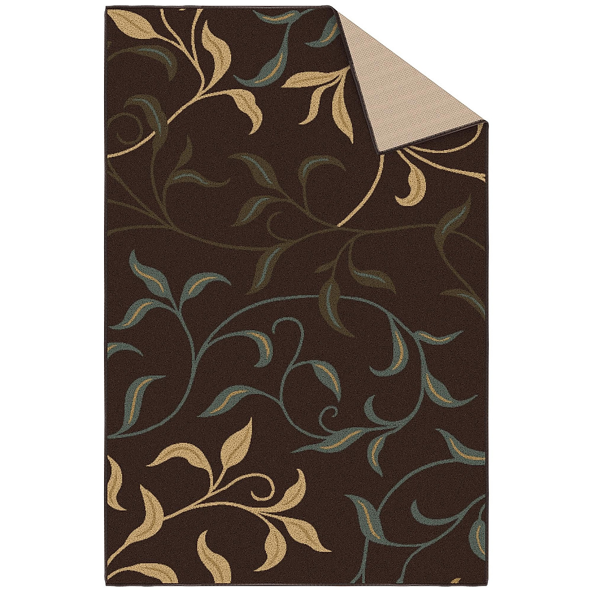 Machine Washable Leaves Design Non-Slip Rubberback 3x5 Traditional Area Rug for Living Room, Bedroom, Kitchen, 3'3" x 5', Brown