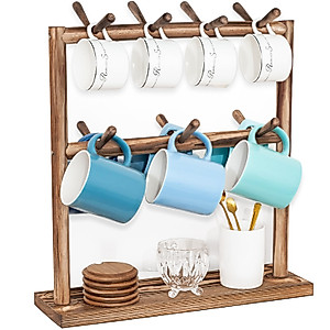Puricon Mug Holder Coffee Cup Shelf for Counter, 2 Tier Wood Mug Tree Stand Organizer with 14 Sturdy Hooks and Storage Base, Double Sides Tea Cups Display Rack for Large and Small Mugs -Oak