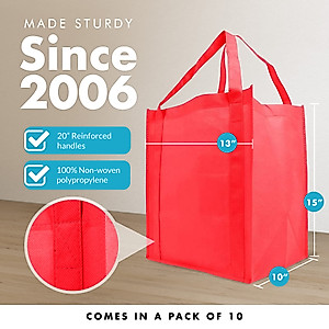 Simply Green Solutions - Reusable Grocery Bags, Wide Tote Bags with 20-Inch Reinforced Handle, Shopping Bags for Groceries, Reusable Gift Bags with Handles, 13 x 15 x 10, Pack of 10, Red