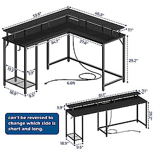 SUPERJARE L Shaped Gaming Desk with Power Outlets & LED Lights and Nightstands Set of 2 with Charging Station & LED Light Strips, Black