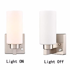 DEYNITE Modern Plug in Wall Sconce with Cord Brushed Nickel Bathroom Vanity Light with Milky White Cylinder Glass Shade Set of 2