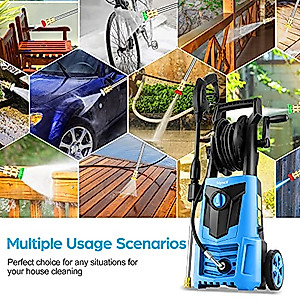 Suyncll 2.0GPM Electric Power Washer, 1600W High Pressure Washer, SY3000 Portable Electric Pressure Washer with Hose Reel, 4 Nozzles, Soap Bottle for Home/Garden/Car Cleaning(Blue)