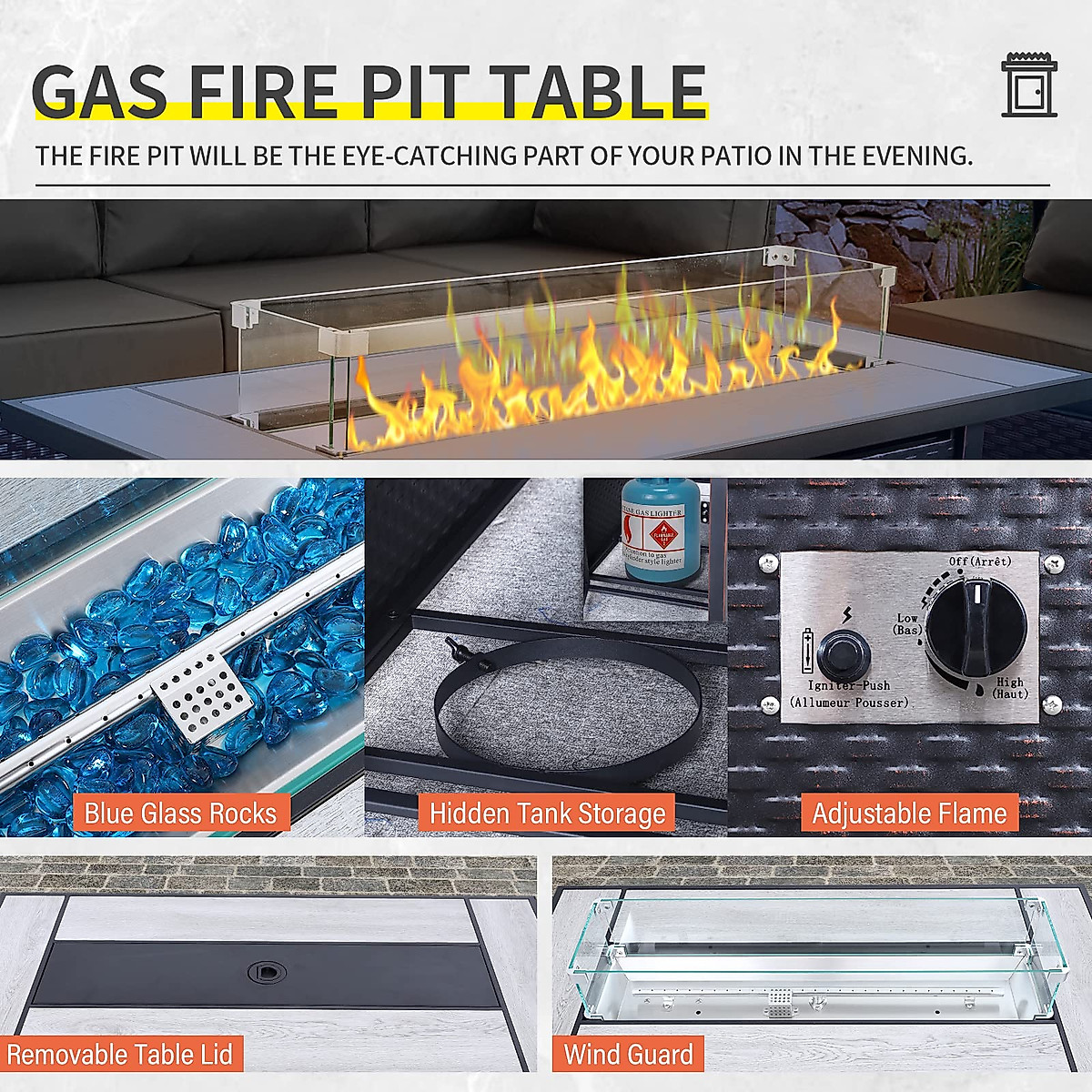 Lviden 9 Pieces Wicker Patio Furniture Set Outdoor PE Rattan Sectional Conversation Sofa Set with Grey Cushions and 45” Gas fire Pit Table