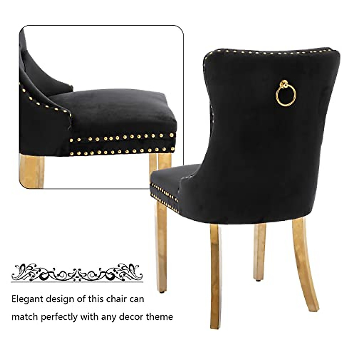 Aoowow Velvet Upholstered Dining Chairs Set of 2, Wingback Armless Side Chairs Button Tufted with Golden Stainless Steel Plating Legs for Kitchen Dining Room (Black-Gold)