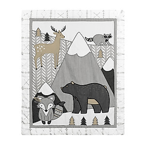 Sweet Jojo Designs Beige, Grey and White Boho Mountain Animal Gray Woodland Forest Friends Baby Unisex Boy or Girl Nursery Crib Bedding Set - 4 Pieces - Deer Fox Bear