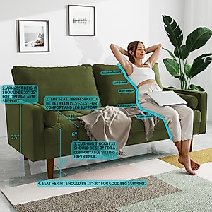 Meeyar 70 Inch Velvet Sofa, Comfy 3 Seater Loveseat Sofa Couch with Tufted Seat, Mid-Century Modern Upholstered with Two Throw Pillows, Couches for Living Room, Bedroom, Apartment, Olive Green