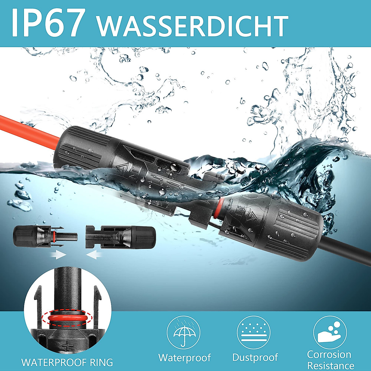 PNGKNYOCN 12AWG Solar Panel Extension Cord,3FT 4mm² Solar Panel Adaptor Cable (Black Cord + Red Cord) with Male and Female IP67 Weatherproof Connector