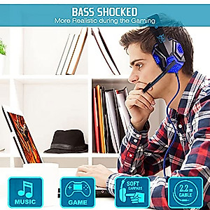 Atrasee Stereo Gaming Headset with Mic for PS4 PC PS5 Xbox One Nintendo Switch, Noise Cancelling Headphones Over Ear with Surround Bass, Soft Earmuffs, LED Light, 3.5mm Aux for Mac Laptop, Blue