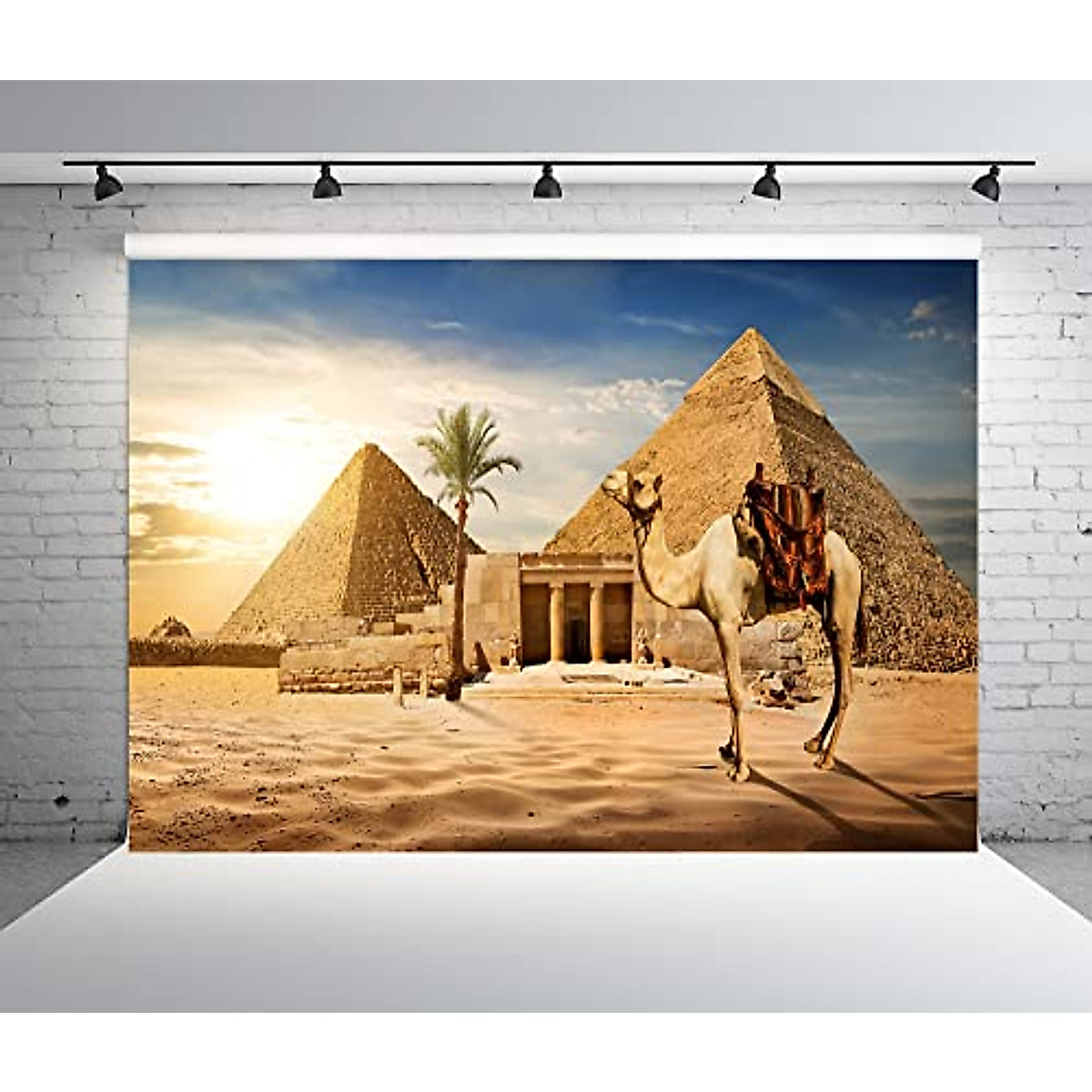 BELECO 9x6ft Fabric Egypt Pyramids Backdrop Photography Ancient Egyptian Pyramid Camel Backdrop Giza Desert Scene Coconut Tree Sunset Sky Scenery Room Decor Africa Desert Travel Portrait Photo Props