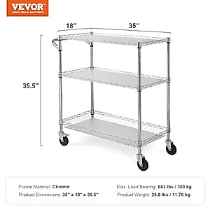 VEVOR Kitchen Utility Cart, 3 Tiers, Wire Rolling Cart with 661 LBS Capacity, Steel Service Cart on Wheels, Metal Storage Trolley with 80 mm Deep Basket Curved Handle PP Liner 6 Hooks, NSF Listed