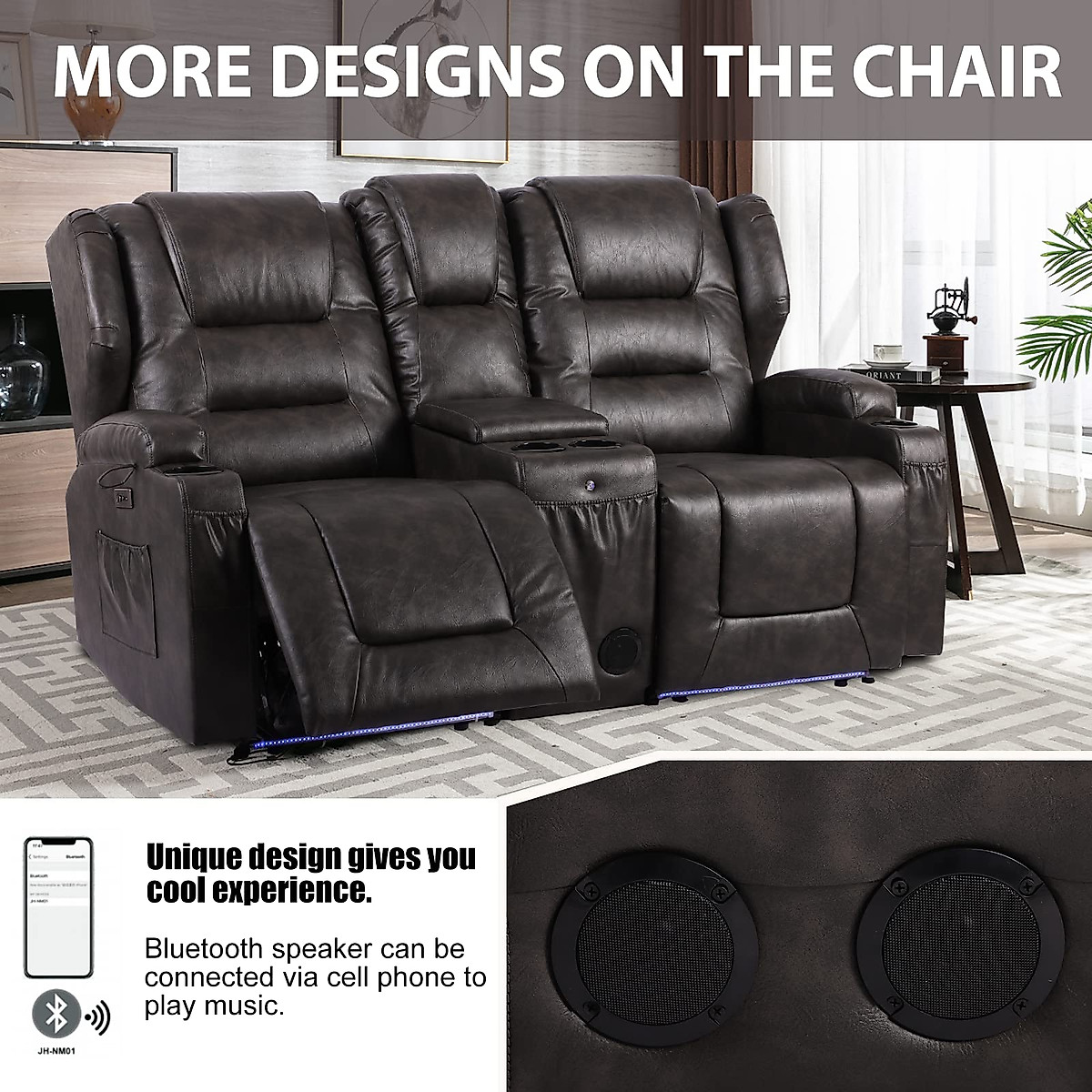 ETAGERIA Home Theater Seating 67" RV Recliner Double Reclining Loveseat Electric Recliner Loveseat Sofa with Console,Light Bar,Cup Holder (Black Grey)