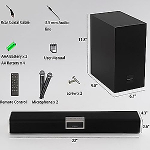 Phasetech Soundbar with 2 Wireless Microphones 2.1CH Bluetooth Sound Bar with Subwoofer, Karaoke Machine with Vocal Elimination, Sound Modification, Ambient Special Sound for Home Theater Audio