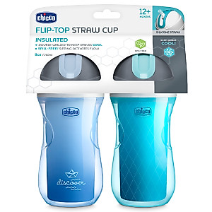 Chicco Insulated Sippy Cup with Straw, Spill-Free Lid, Dishwasher Safe - Blue/Teal, 9 oz/ 260 ml, 2 Count (Pack of 1)