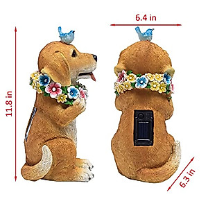 Pohabery Dog Garden Statue Dog Statue Solar Dog and Butterfly LED Lights Figurine Outdoor Decoration for Patio Yard Lawn