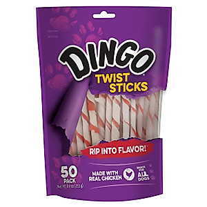 Dingo Twist Sticks 200 Count, Rawhide for Dogs, Made with Real Chicken (4 Packs of 50 Count)