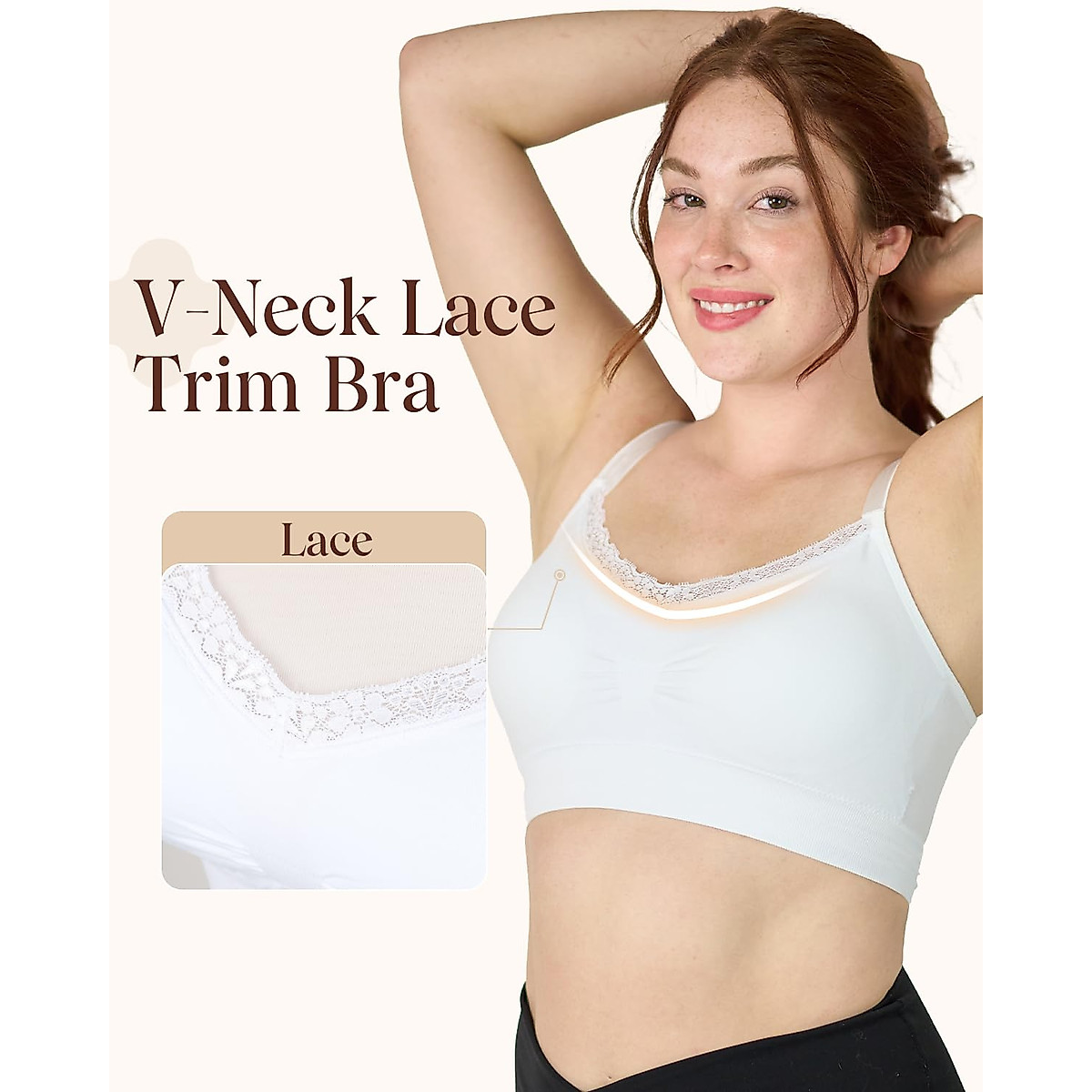 Coobie Women's V-Neck Lace Trim Bra, Pullover Wirefree T-Shirt Bra,White,X-Large