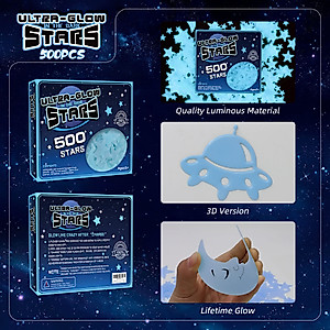 500Pcs 3D Glow in the Dark Stars Blue Glow in the Dark Stars for Ceiling Space Wall Decals Glowing Astronaut Universe Planet Galaxy Wall Stickers Ceiling Decorations for Boys Kids Bedroom Decor (Blue)