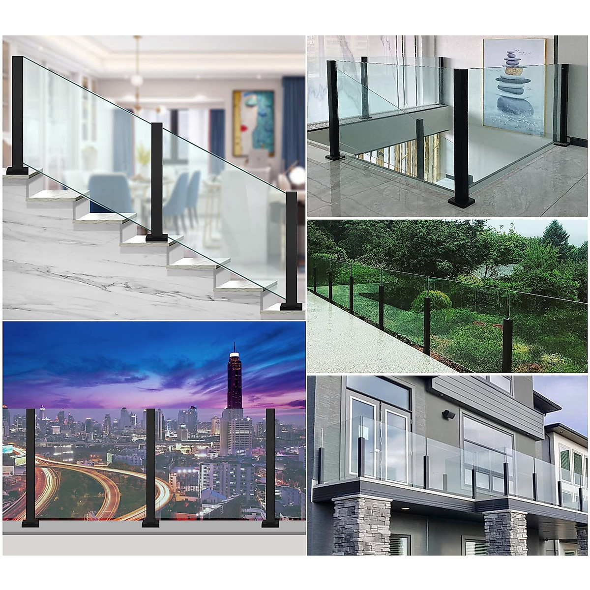 MBROS Extra Long Glass Railing Post Black, Stair Glass Deck Railing System Glass Panels Set, Stainless Steel Glass Balustrade Post for Balcony