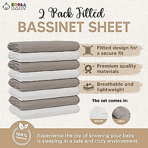 Bassinet Sheet for Bassinet Mattress - 100% Organic Jersey Knit Cotton - Snuggly Soft & Cozy Sheets Fitted for Oval Rectangle & KoolaBaby Bedside Sleeper - White & Grey 2 Pack