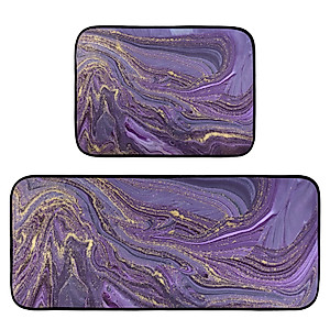 xigua 2 Piece Purple Marble Abstract Pattern Anti-Fatigue Kitchen Rug, Waterproof Non-Slip Kitchen Mats and Comfort Elastic Cotton interlayer Rug for Kitchen, Floor Home, Office, Sink, Laundry