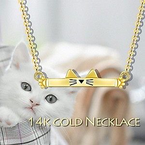 SISGEM 14K Solid Yellow Gold Cat Bar Necklace for Women,Cute Cat Pengdant Necklace Mother's Day Birthday Gifts for Her,Adjustable Chain 16''+2'' (Yellow)