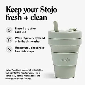 STOJO Collapsible Travel Cup With Straw - Sage Green, 16oz / 470ml - Reusable To-Go Pocket Size Silicone Bottle for Hot and Cold Drinks - Perfect for Camping and Hiking - Microwave & Dishwasher Safe