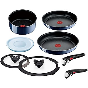 T-fal L43794APlus1 Pot and Frying Pan Set, 7 Piece Set + 1 Handle, Compatible with Gas Fire, Ingenio Neo Royal Blue Intense", Non-Stick Blue