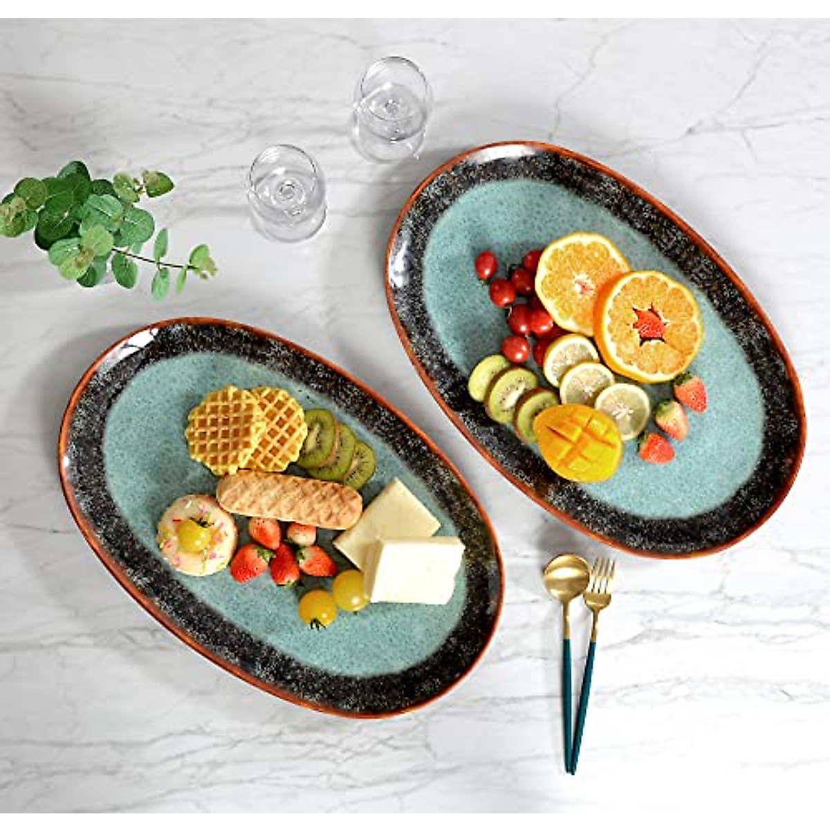 gufaith Melamine Serving Platter 2pcs,Serving Food Platter for Entertaining,Dinnerware Sets,Serving Tray,Melamine Plates,Party, Meat, Dessert, Unbreakable, Dishwasher Safe, BPA Free (Oval Platter)