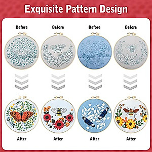 Embroidery Kit for Beginners, Butterfly Bee Flower Embroidery Starter Kit for Adults, 4 Sets Cross Stitch Practice Kits for Craft Lover, Including 4 Embroidery Hoop, Colored Threads and Needles