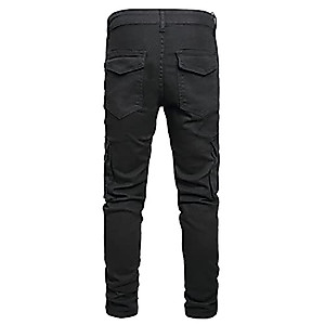 Black Jeans for Men Stretch Skinny Multi Pockets Slim Fit Elastic Jeans Comfort Tapered Leg Cargo Pencil Denim Pants, Black, 36