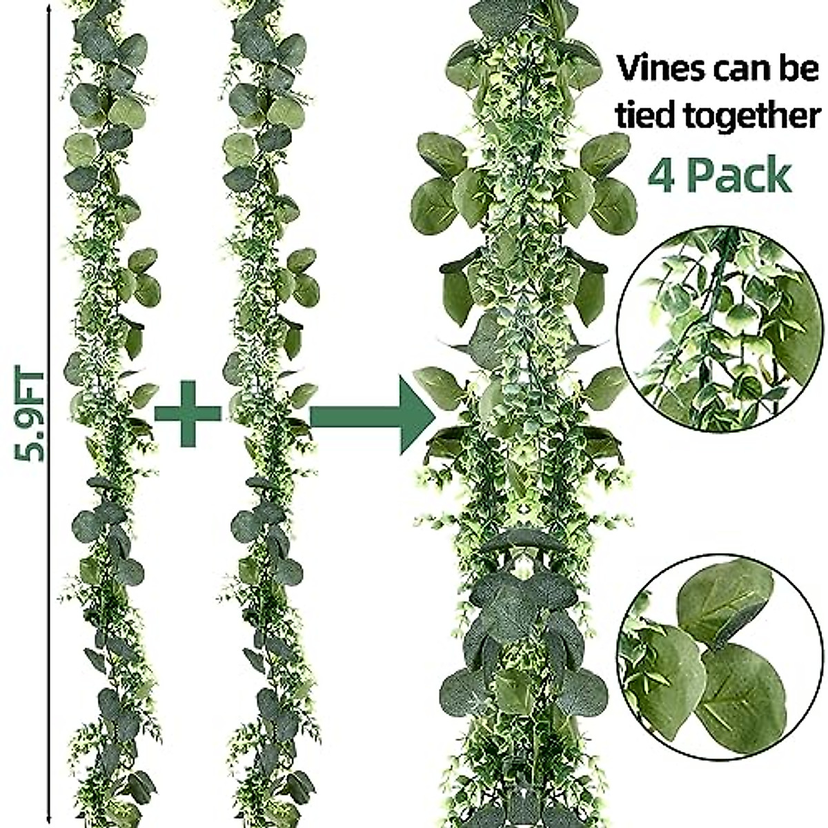 XunYee 5.9 ft Artificial Eucalyptus Garland with 20 LED Fairy String Lights Fake Eucalyptus Leaves Greenery Vines Plant for Table Wedding Bridal Shower Birthday Party Garden Indoor Outdoor (4 Pack)