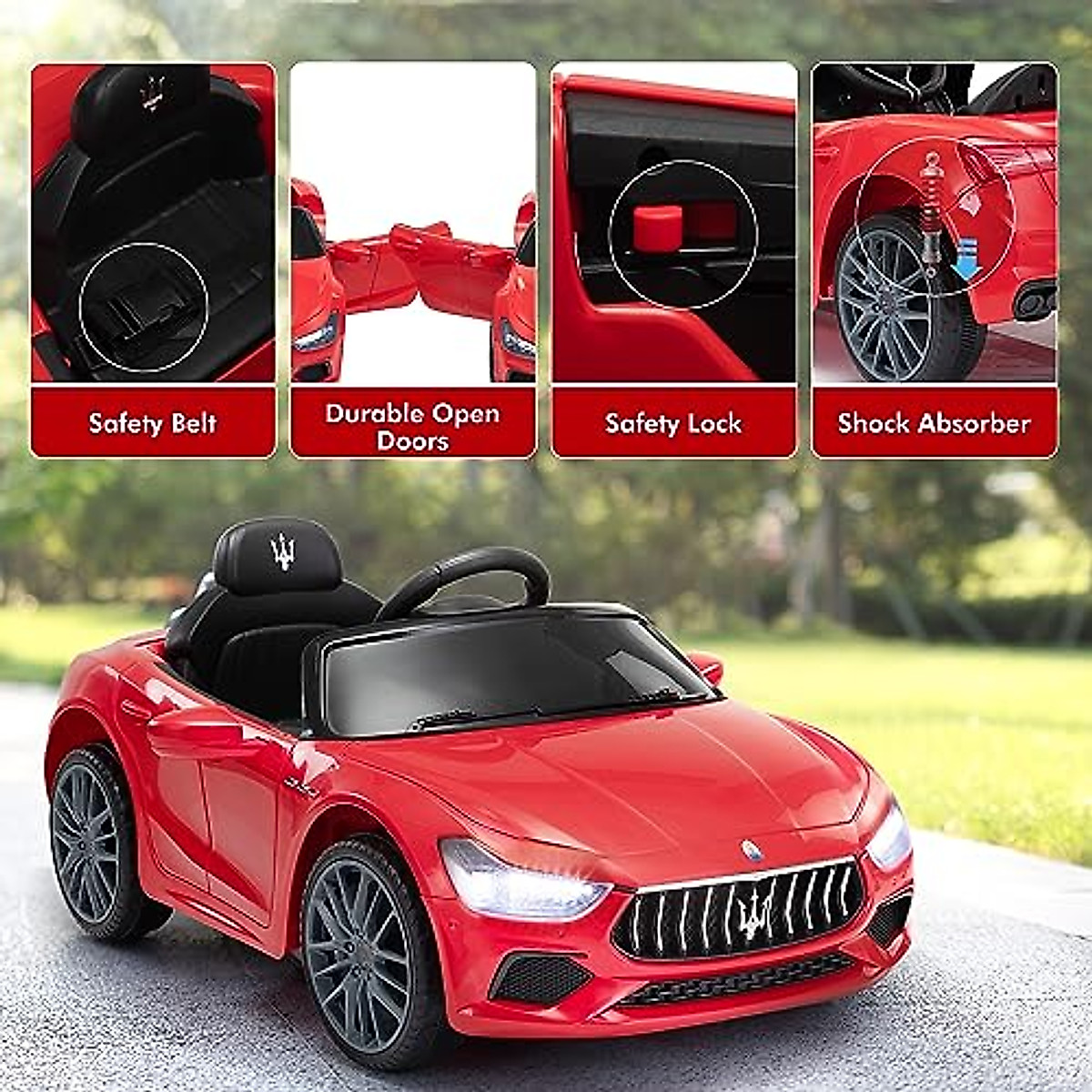 TOBBI Kids Ride on Car, 12V Licensed Maserati Ghibli, Electric Car for Boy Girl with Remote Control, 3 Speeds, Music, Bright Lights, MP3, USB, Electric Vehicle for Kids Ages 3-6 Years, Red