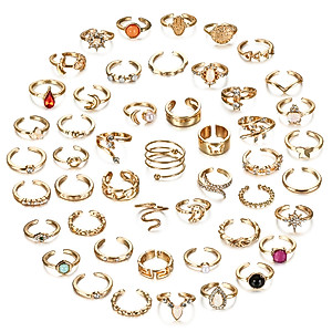 Subiceto 48Pcs Open Toe Rings Set for Women Men Adjustable Vintage Retro Knuckle Ring Bohemian Toe Finger Tail Ring Summer Beach Foot Jewelry Gold