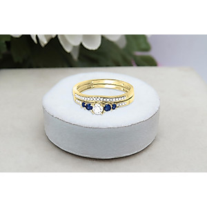 Dazzlingrock Collection Round Blue Sapphire & White Diamond Women 5 Stone Bridal Engagement Band Set in 14K Yellow Gold, Size 8