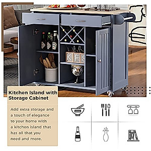 FEELLE Kitchen Island Cart Rolling Mobile Kitchen Island Cart with 2 Storage Cabinets and 4 Locking Wheels, Wine Racks, Drawers, Spice & Towel Rack for Dining Room, Blue