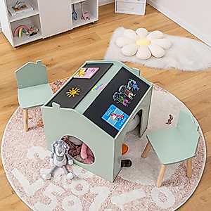 Costzon Kids Table and Chair Set, 3 Pieces Wooden Table Set for Toddler w/Chalkboards for Arts, Crafts, Reading, Drawing, House-Shaped Space-Saving Children Furniture Set, Gift for Boys Girls, Green