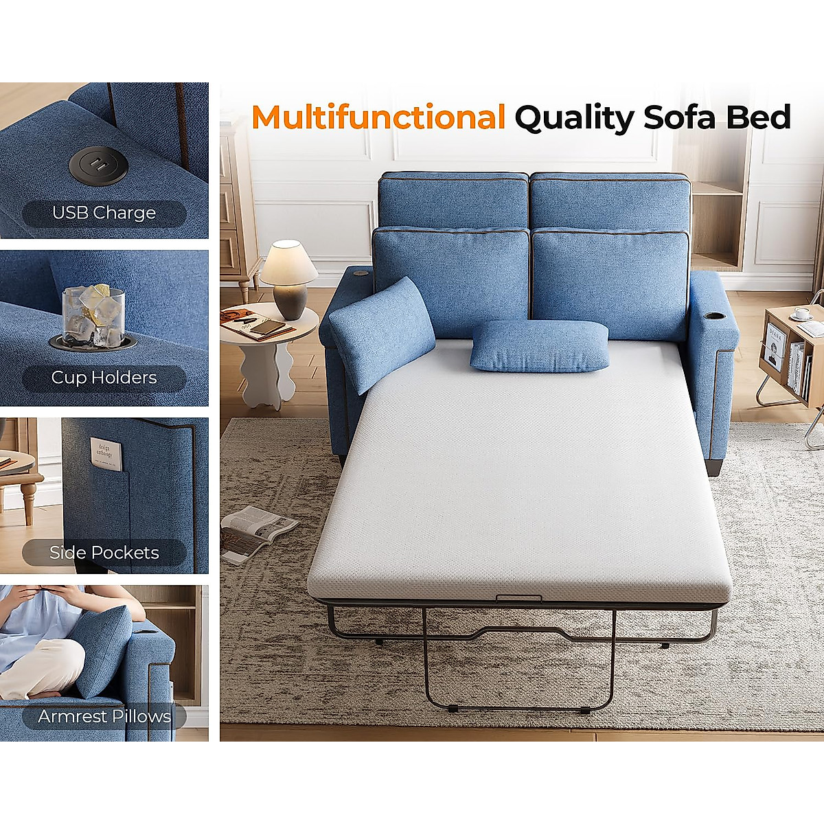 Fadware Pull Out Sofa Bed, Twin Size Sleeper Sofa Couch with Memory Foam Mattress, 2 in 1 Convertible Pullout Couch Bed with USB Charging Ports for Compact Living Space, Apartment, Office, Blue