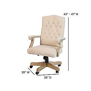 Flash Furniture Traditional Office Chair - Ivory Microfiber Tufted Swivel Office Chair - Home Office Desk Chair with Driftwood Base