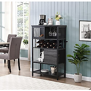 CEMKAR Industrial Bar Cabinet, Modern High Display Wine Storage Rack, Wood and Metal Cabinets for Home Kitchen Storage, Restaurant Cafe Cafeteria Bar Cabinet (Black+Gray)