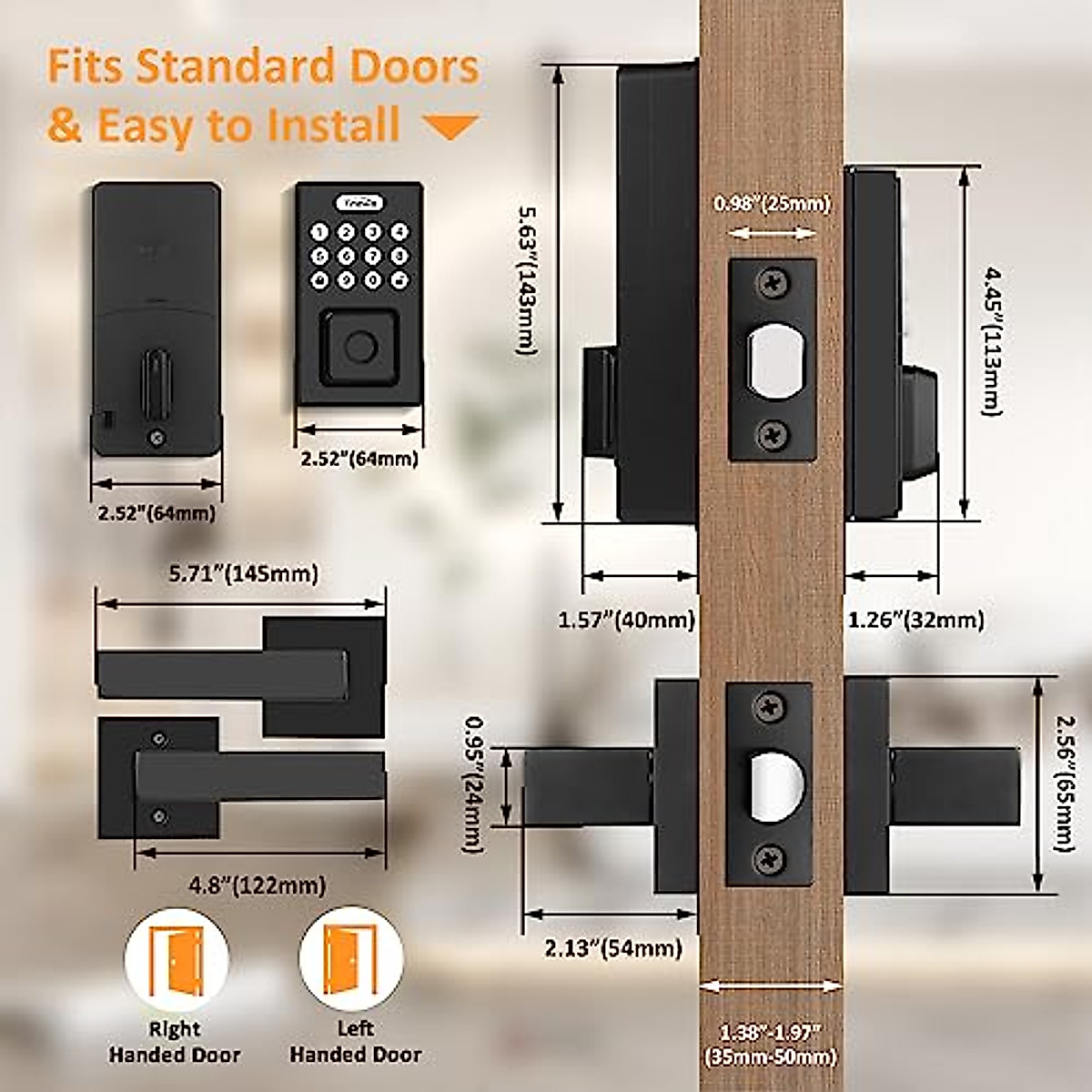 Tinewa Keyless Entry Door Lock with 2 Lever Handles, Fingerprint Entry Door Handleset, Electronic Digital Keypad Deadbolt with App, Auto Lock & One Touch Locking, Front Smart Door Handle Sets, Black