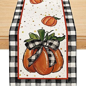 Siilues Fall Table Runner, Fall Decorations for Home Pumpkin Fall Runner for Table Seasonal Buffalo Plaid Fall Thanksgiving Holiday Decor for Indoor Outdoor Dining Table Decorations (13" x 72")